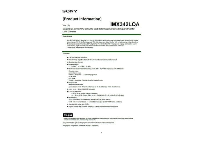 Η Sony κυκλοφόρησε τον 31,49MP IMX342LQA Global Shutter APS-C αισθητήρα